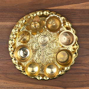 Designer Puja Thali with Ghanti Batti & Kapoor Aarti Diya Haldi KumKum ...